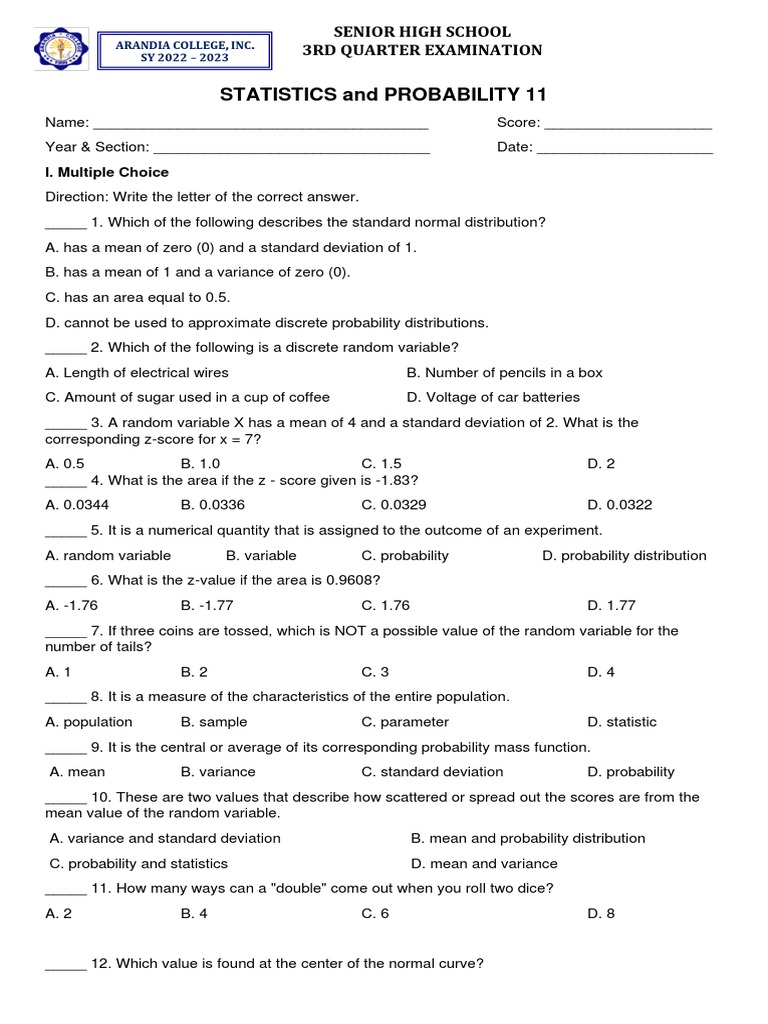 STATISTICS PROBABILITY 11 3rd Quarter Exam | PDF