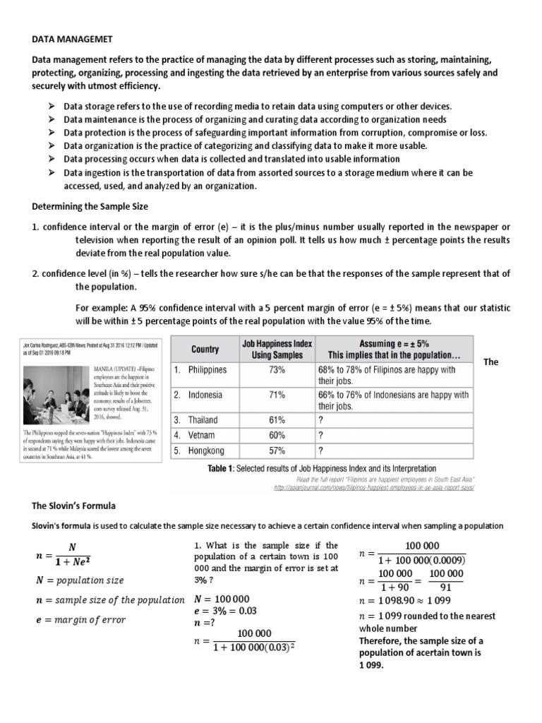 Slovin's Formula Is Used To Calculate The Sample Size Necessary To ...