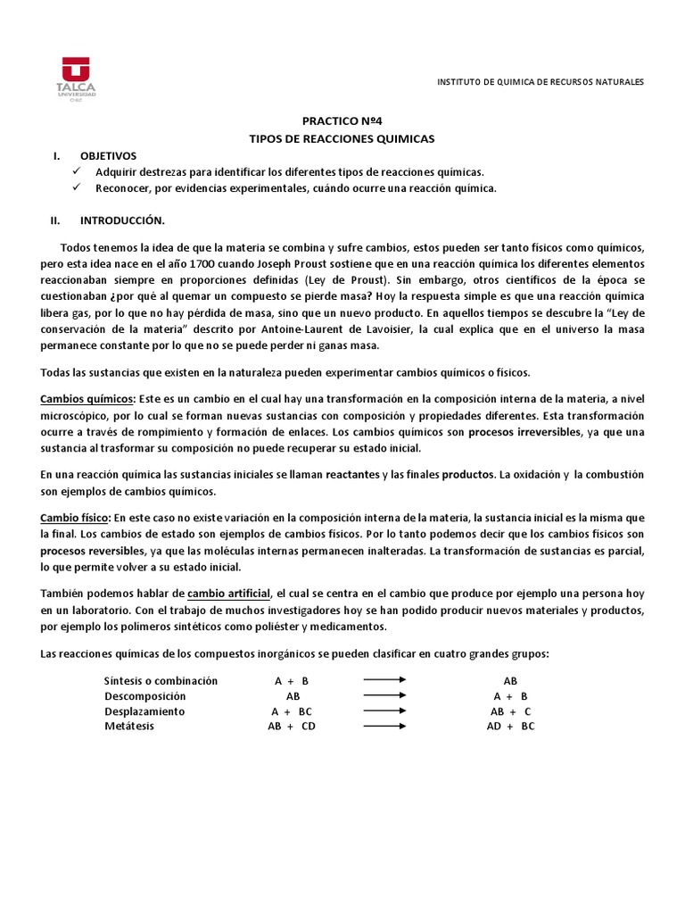 Practico 4 Reacciones Quimicaswjiji | PDF | Química | Reacciones químicas