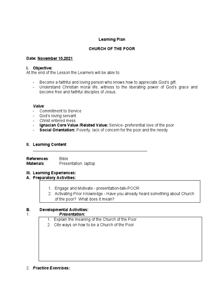 Church of the Poor Learning Plan | PDF | Wellness | Religion & Spirituality