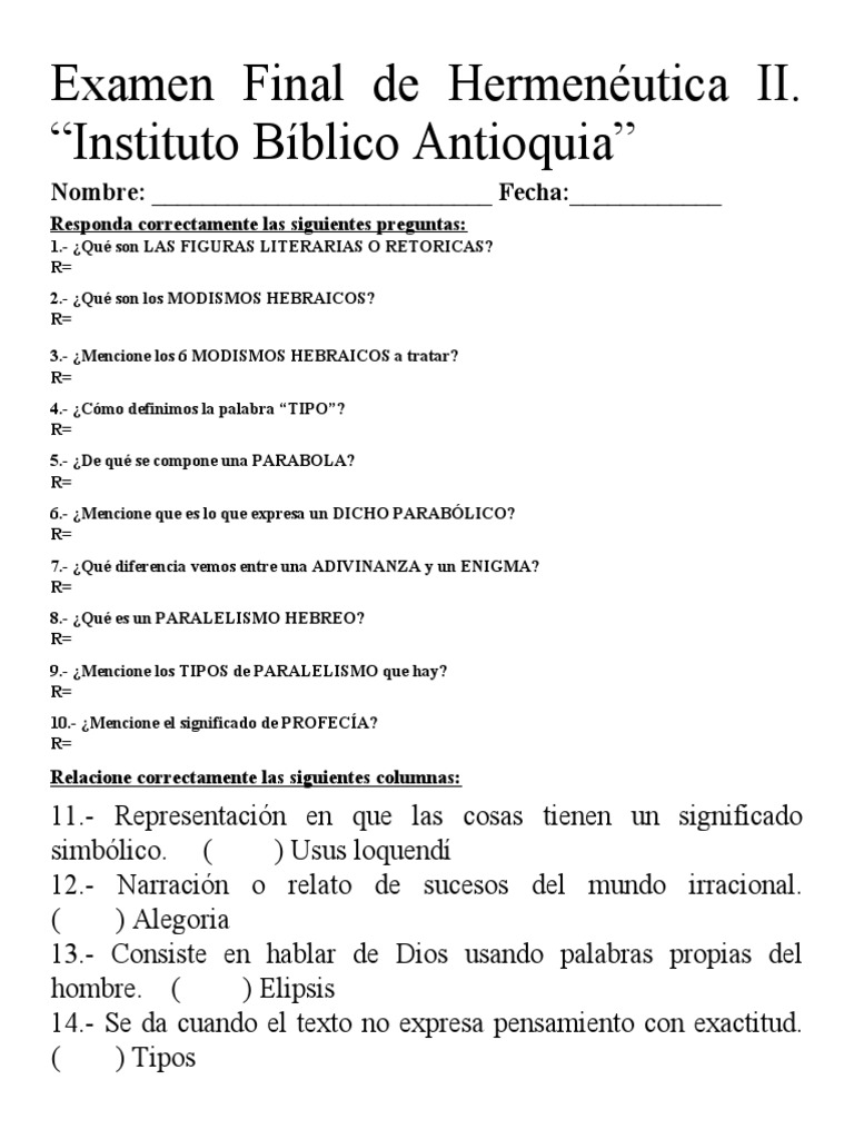 Examen Final de Hermenéutica II Sin Respuestas | PDF