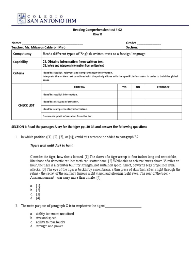 Reading Comprehension Test 2 Row B | PDF