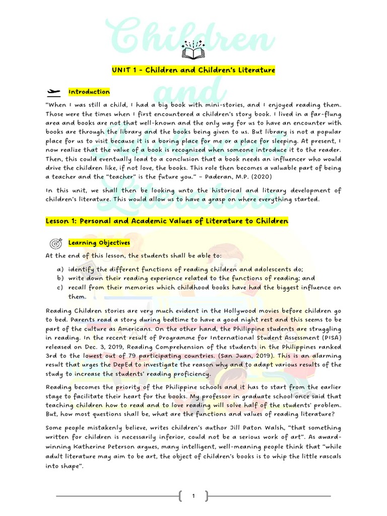 UNIT 1 Children and Ado Lit | PDF