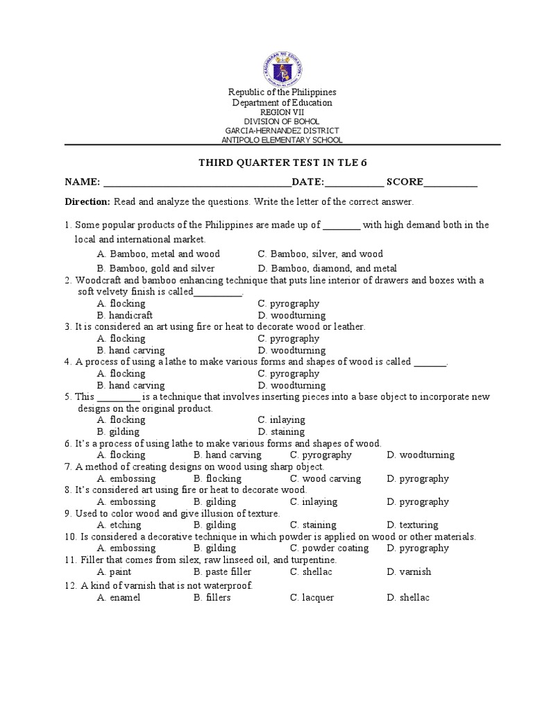 Third Quarter Test in Tle 6 NAME: - DATE: - SCORE - Direction: Read and ...
