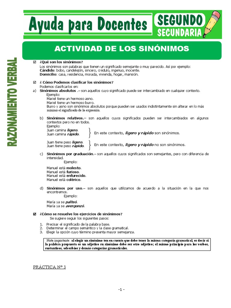 Actividades de Sinónimos para Secundaria | PDF | Palabra | Leonardo Da ...