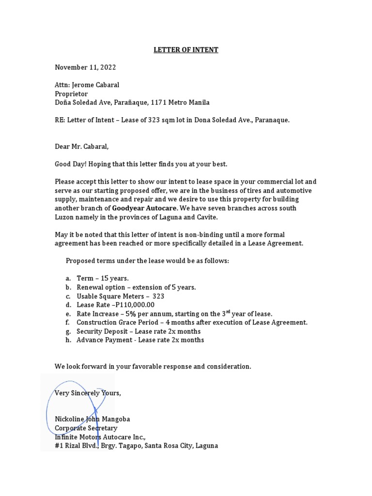 Letter of Intent for Commercial Lease | PDF | Business | Finance ...