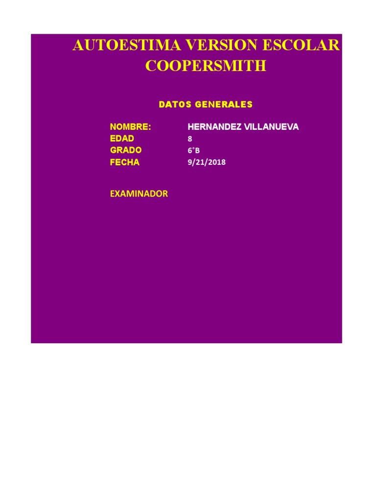 Autoestima Version Escolar Coopersmith: Examinador | PDF