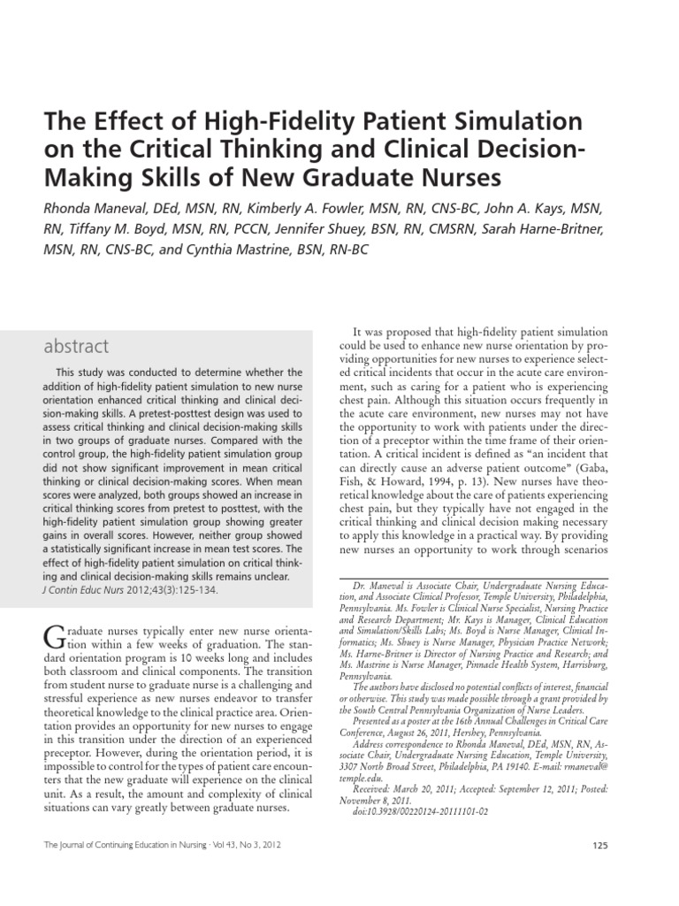 2012 - The Effect of High-Fidelity Patient Simulation On The Critical Thinking and Clinical ...