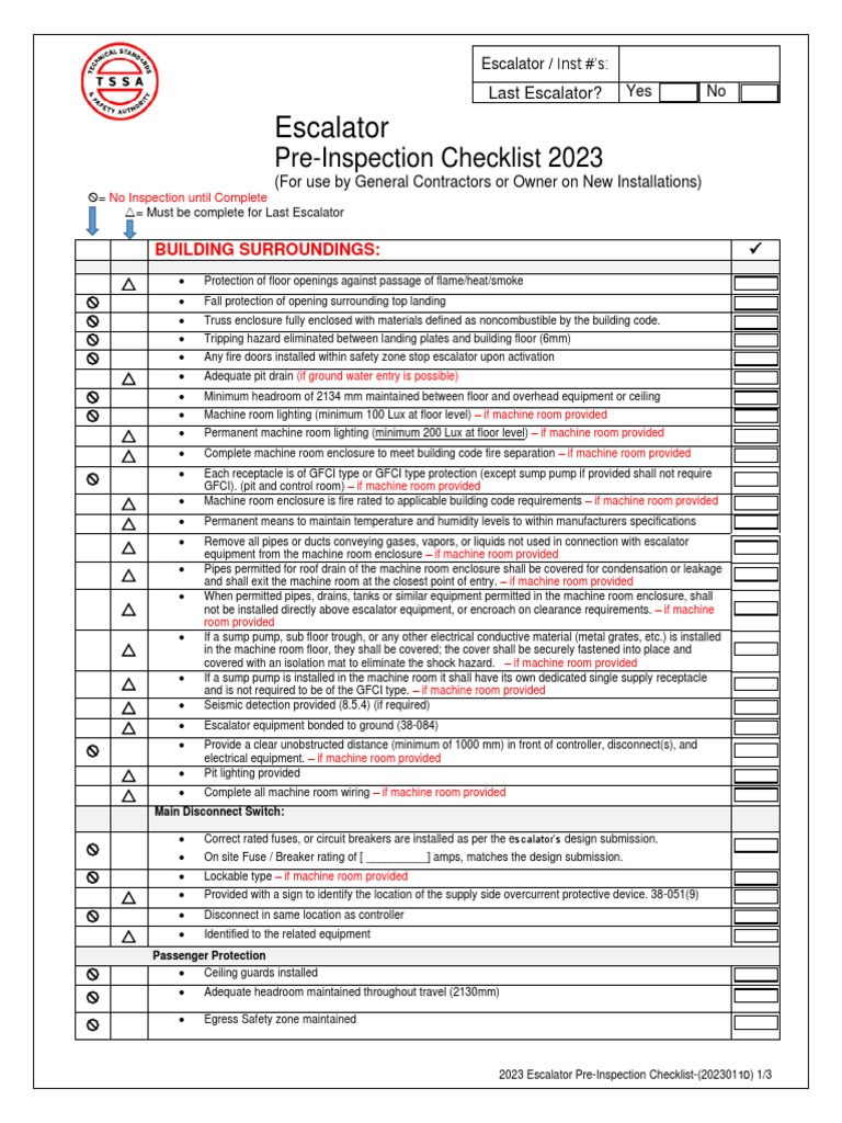 2023 Escalator Pre Inspection Checklist 20230110fillable | PDF ...
