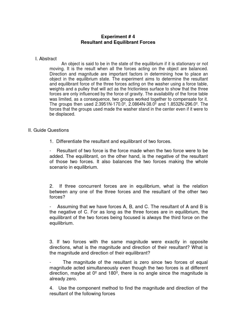 Experiment # 4 Resultant and Equilibrant Forces | PDF | Dynamics ...