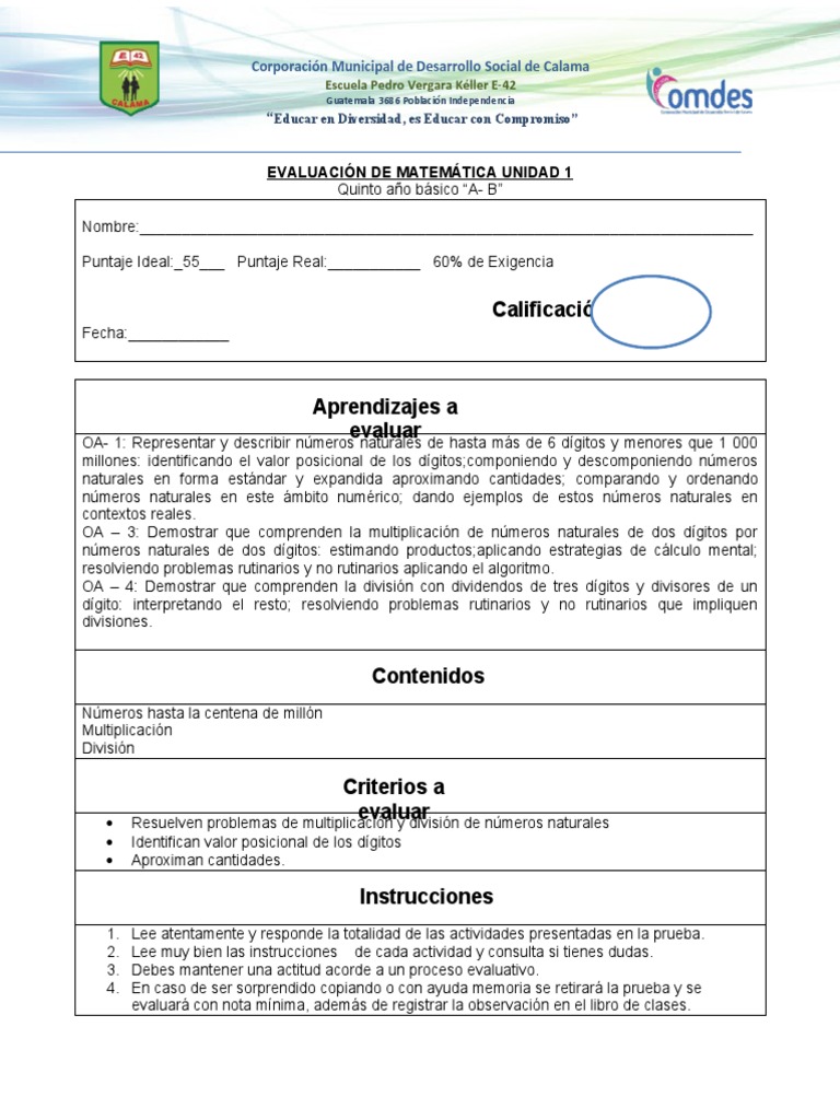 Evaluacion Unidad 1 5 Básicos | PDF