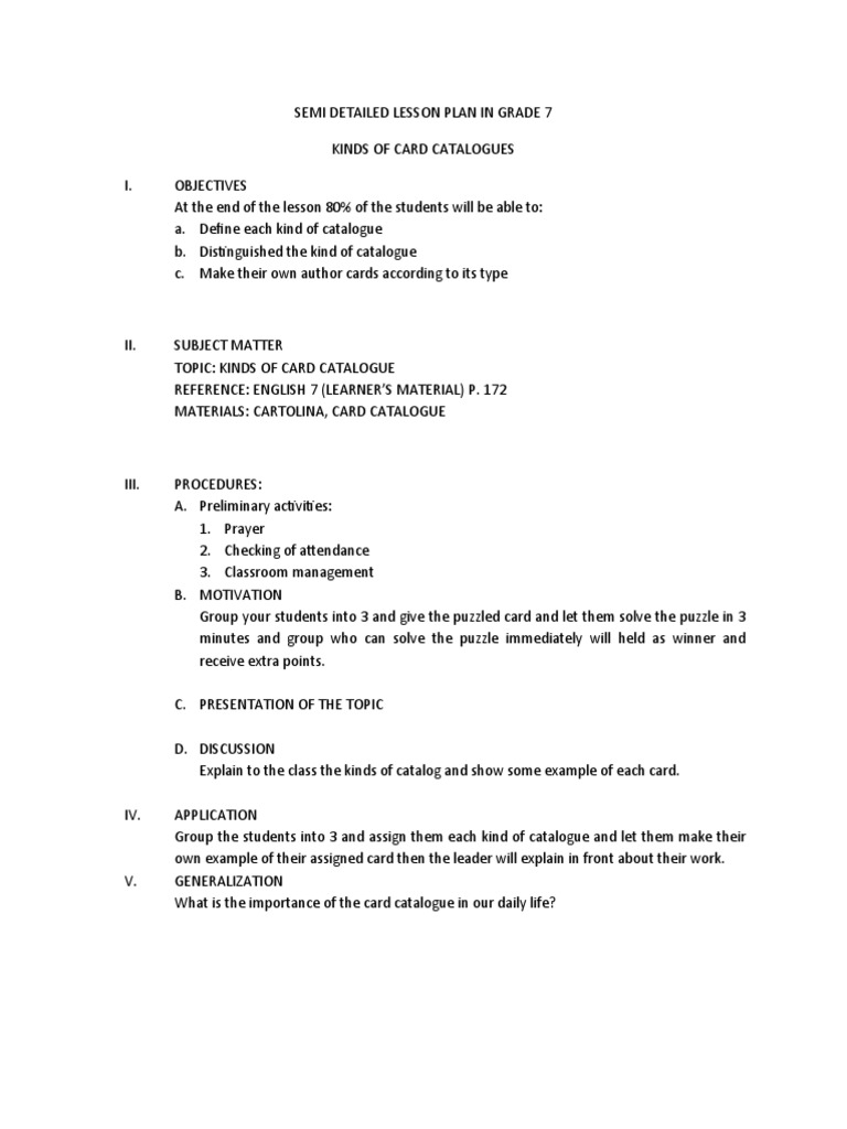 Semi Detailed Lesson Plan in Grade 7 Parts of Author Cards | PDF