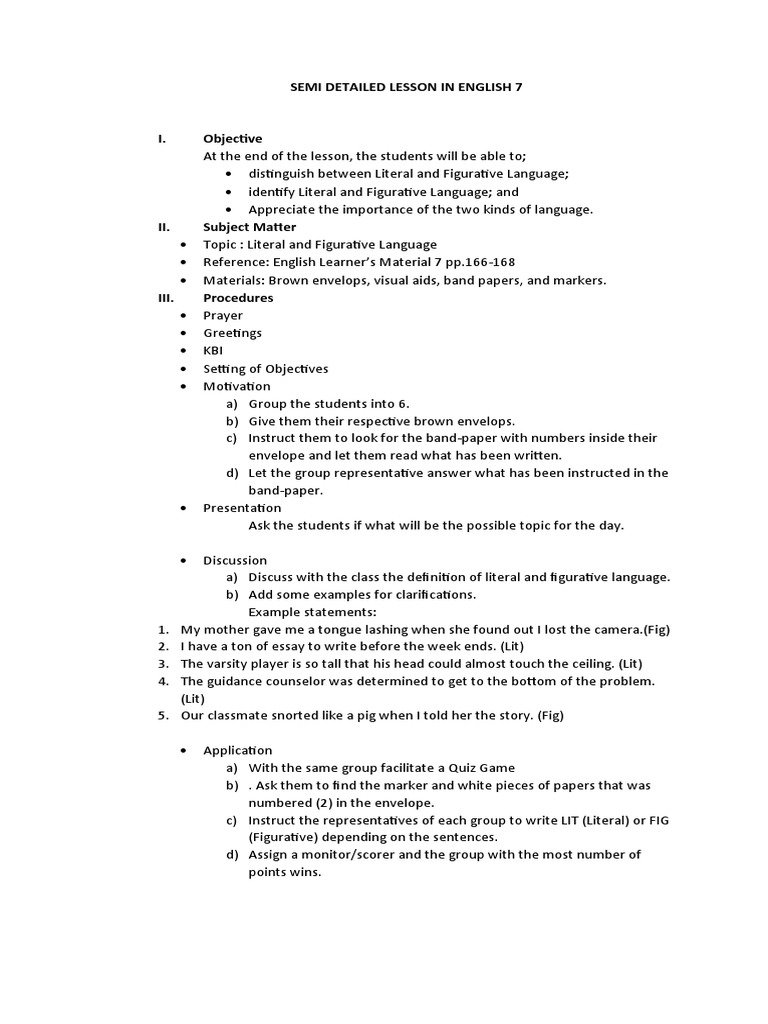 Literal and Figurative Language Semi Detailed Lesson Plan | PDF ...