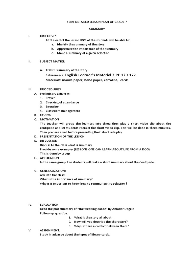 Semi Detailed Lesson Plan of Summary | PDF