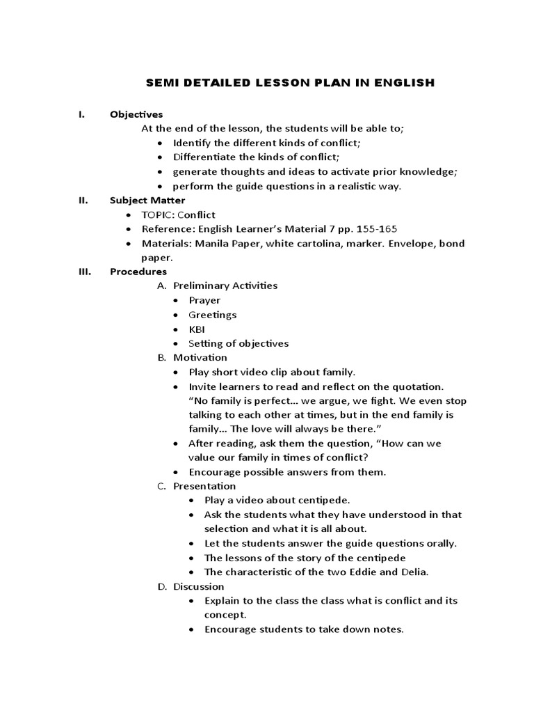 Conflict Semi Detailed Lesson Plan | Download Free PDF | Learning | Cognition
