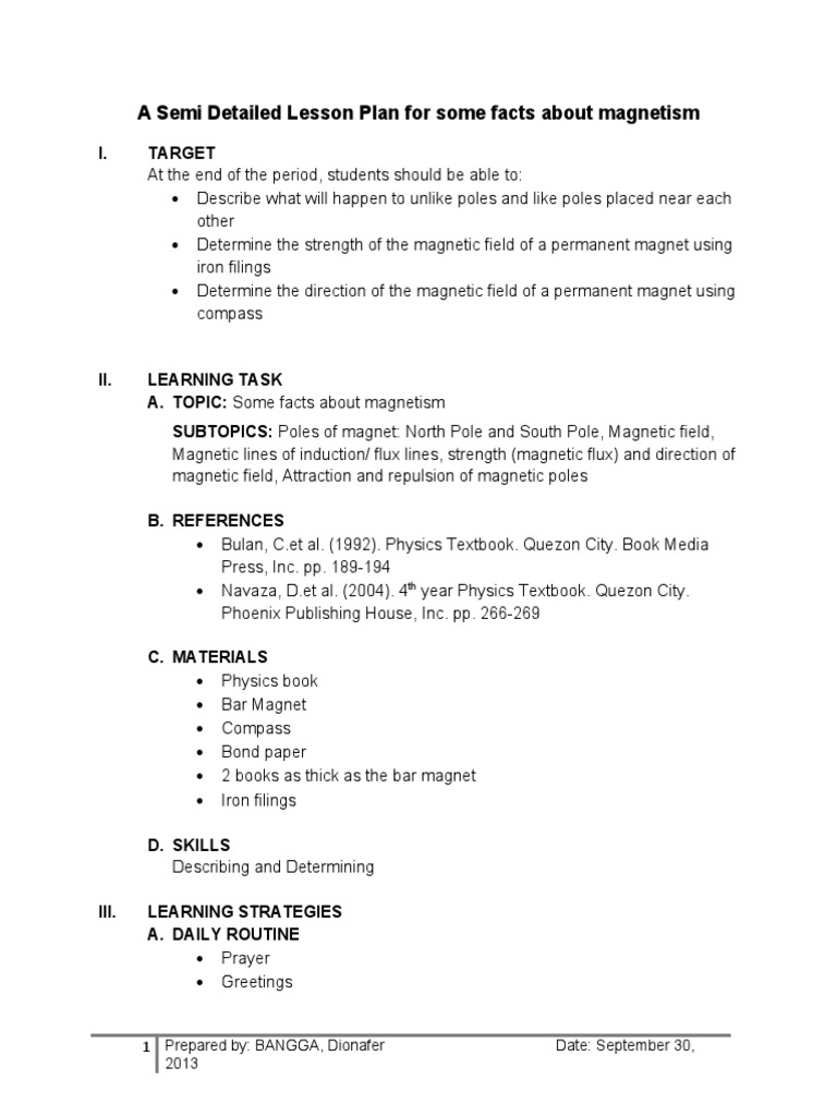 Lesson Plan on Magnetism Facts | PDF | Compass | Magnet