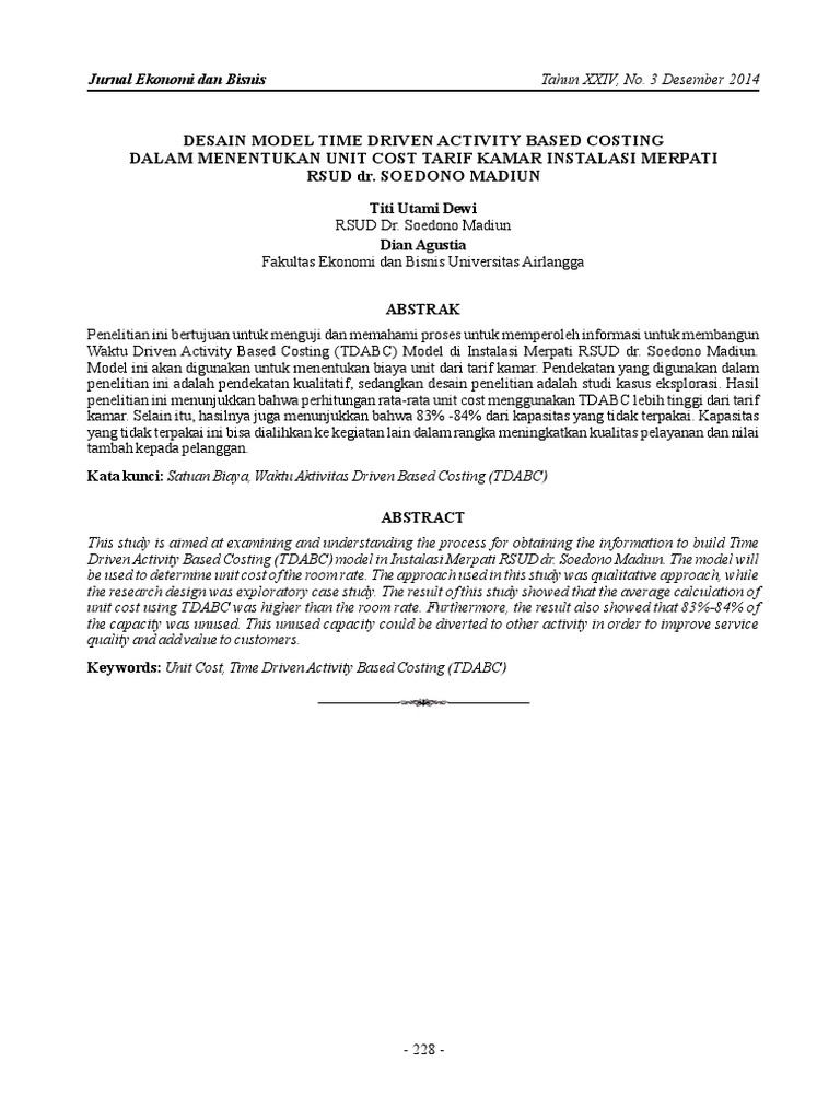 Desain Model Time Driven Activity Based Costing Dalam Menentukan Unit Cost Tarif Kamar Instalasi ...