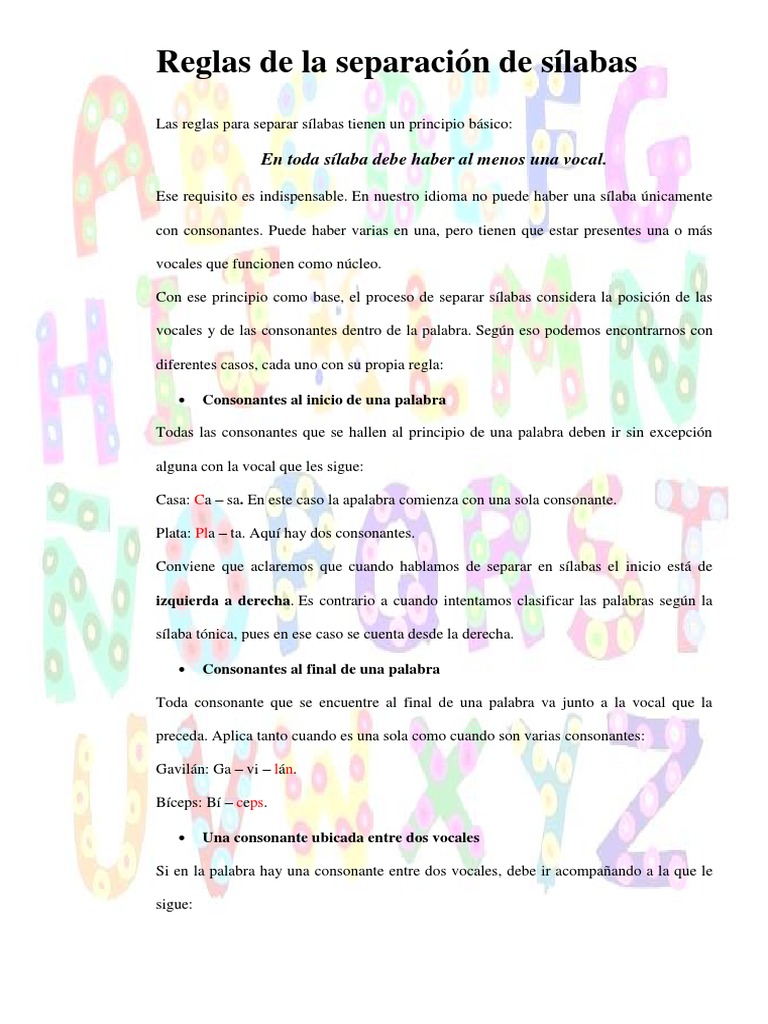 Reglas de La Separación de Sílabas: en Toda Sílaba Debe Haber Al Menos Una Vocal | PDF | Vocal ...