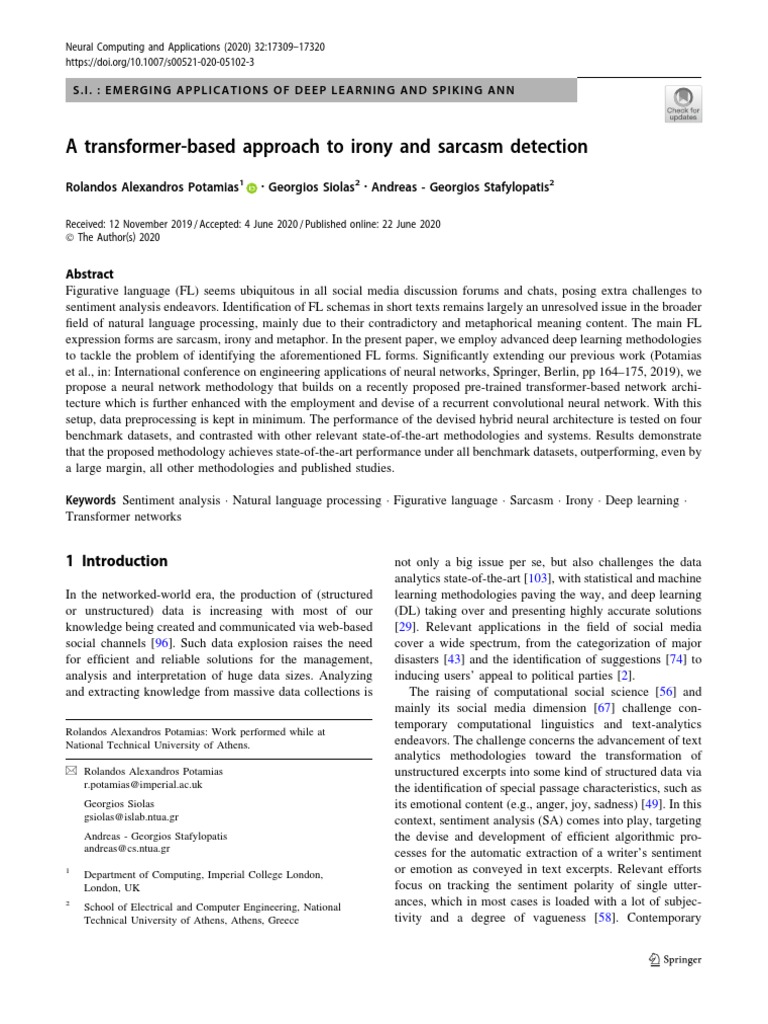 A Transformer Based Approach To Irony And Sarcasm Detection Pdf Cognitive Science