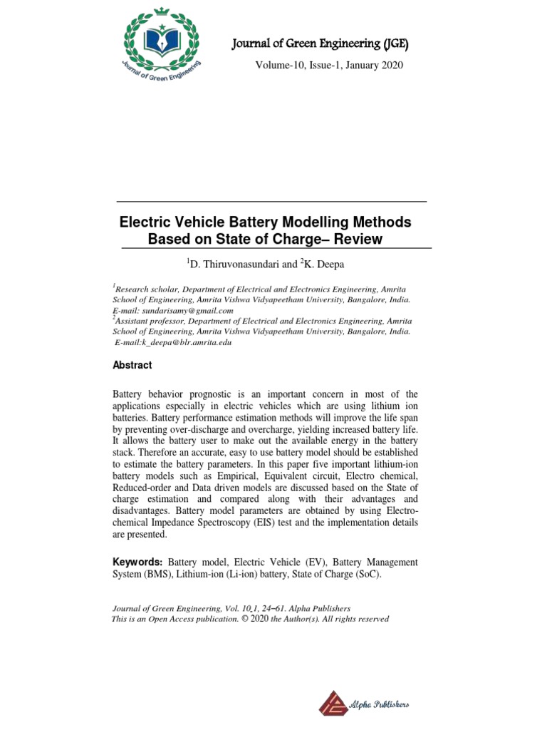 Electric Vehicle Battery Modelling Methods Based On State of Charge ...