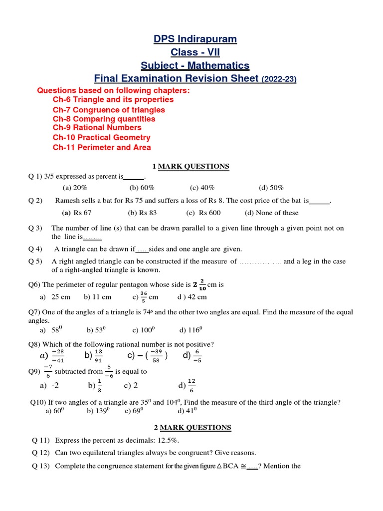 DPS Indirapuram Class - VII Subject - Mathematics Final Examination ...