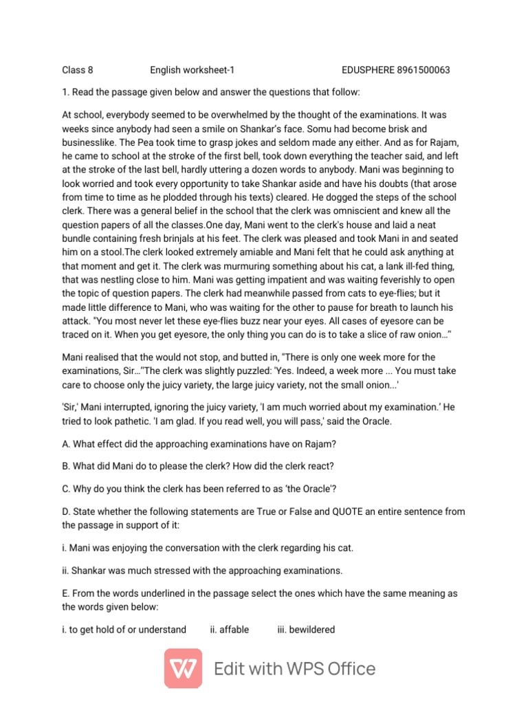 Class 8-English Worksheet | PDF