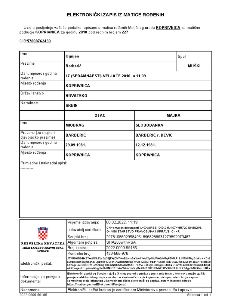 Elektronički Zapis Iz Matice Rođenih | PDF