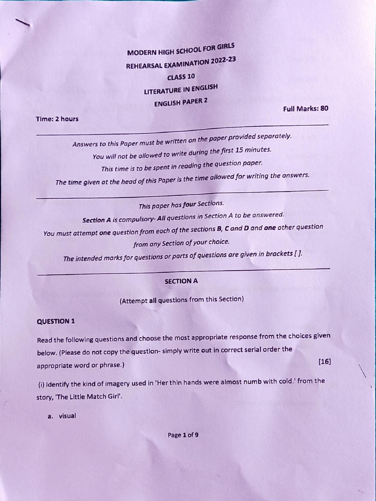 English Literature Pre Boards Question Paper | PDF