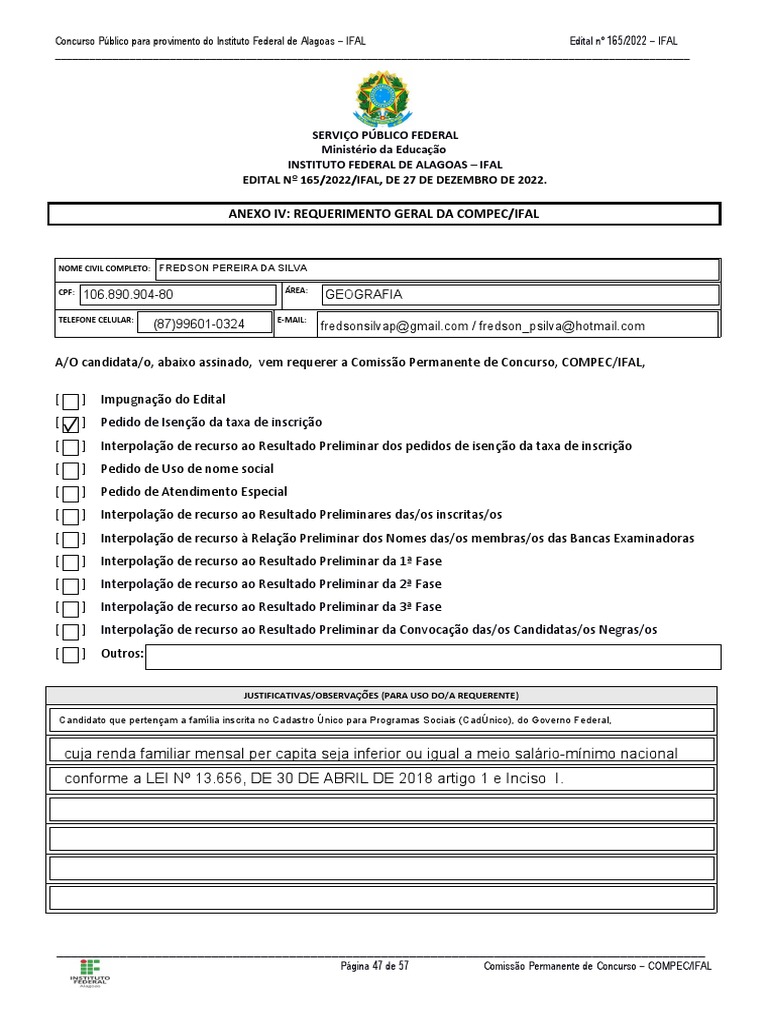 Anexo Iv: Requerimento Geral Da Compec/Ifal: EDITAL #165/2022/IFAL, DE ...