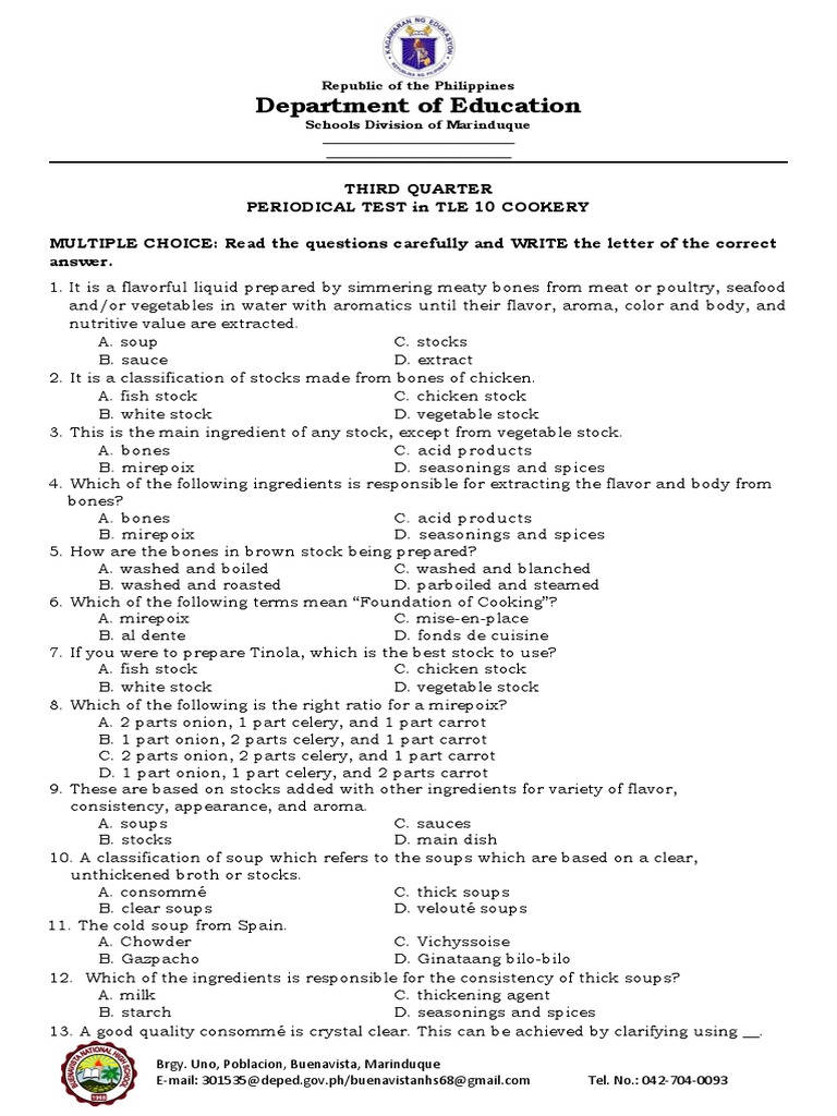 Periodical-Test TLE 10-Cookery 3rd Quarter | PDF | Stock (Food) | Sauce
