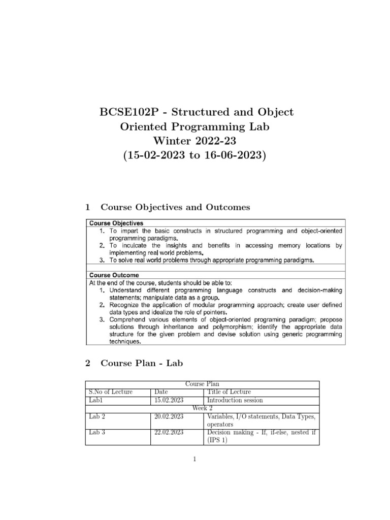 Courseplan BCSE102P LAB | PDF