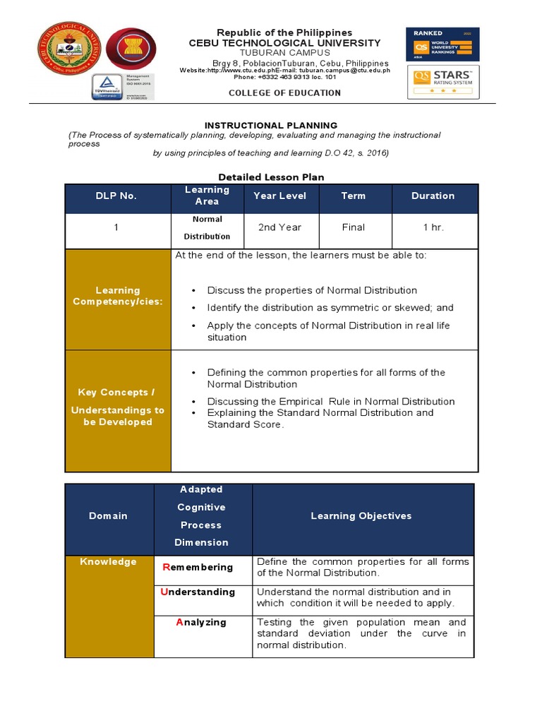 Detailed Lesson Plan: DLP No. Learning Area Year Level Term Duration | PDF | Normal Distribution ...