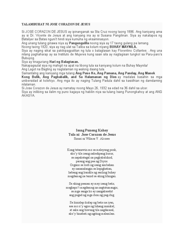 Talambuhay Ni Jose Corazon de Jesus | PDF