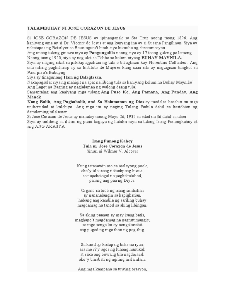 Talambuhay Ni Jose Corazon de Jesus | PDF