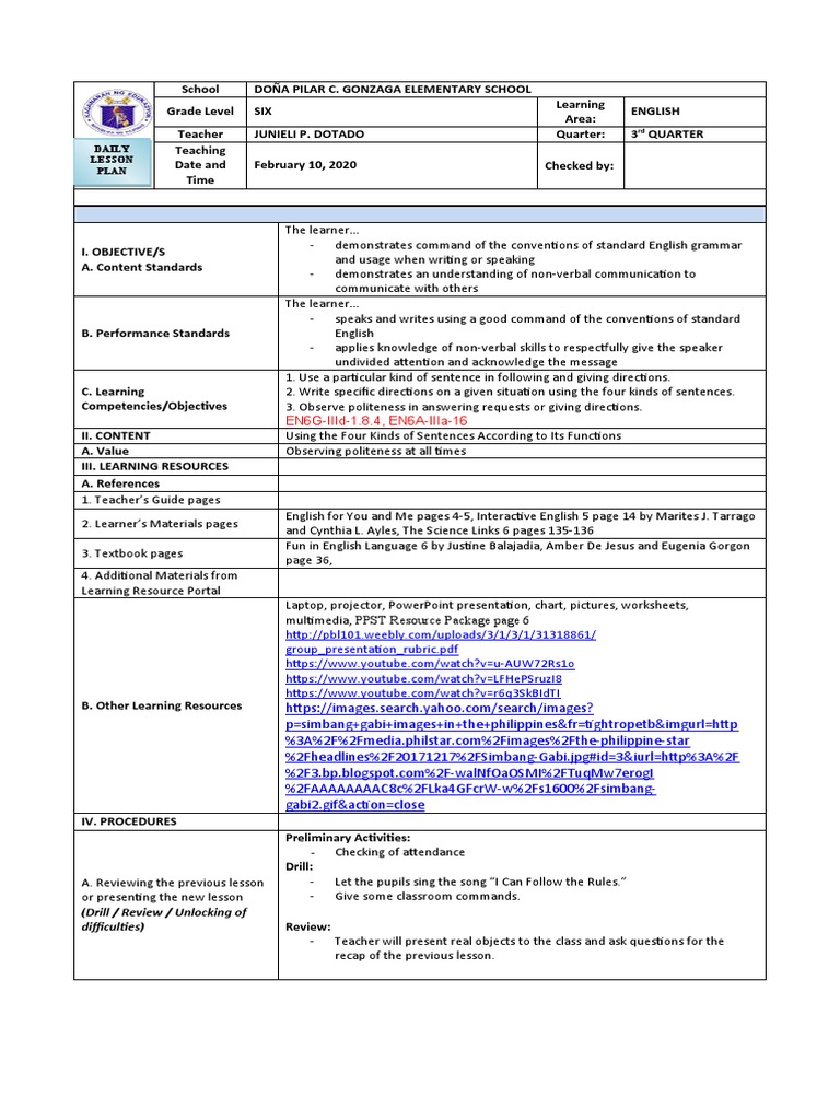 Daily Lesson Plan: En6G-Iiid-1.8.4, En6A-Iiia-16 | PDF