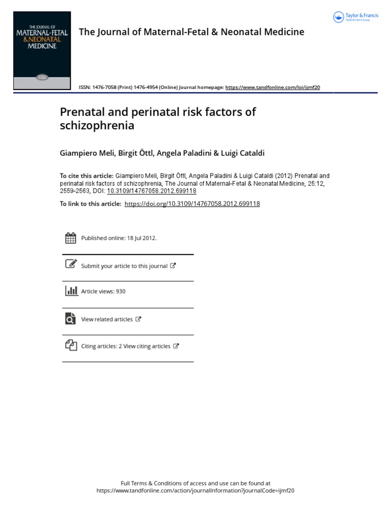 Prenatal and Perinatal Risk Factors of Schizophrenia | PDF