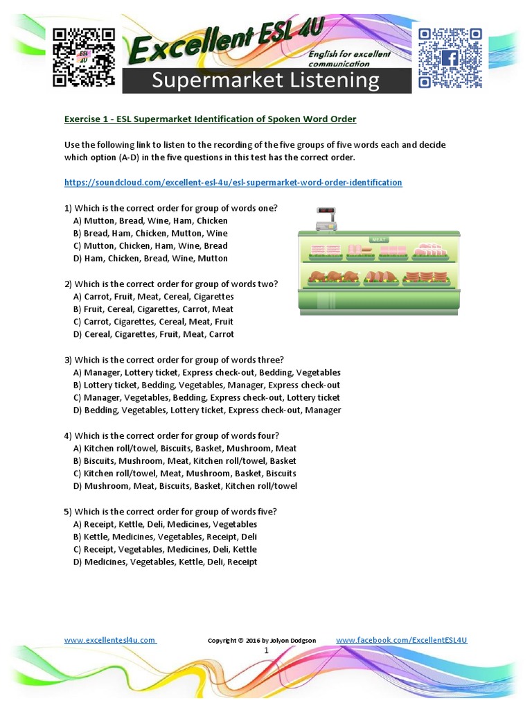 ESL Supermarket Listening Worksheet | PDF