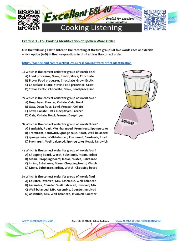 ESL Cooking Listening Worksheet | PDF | Cakes | Meal