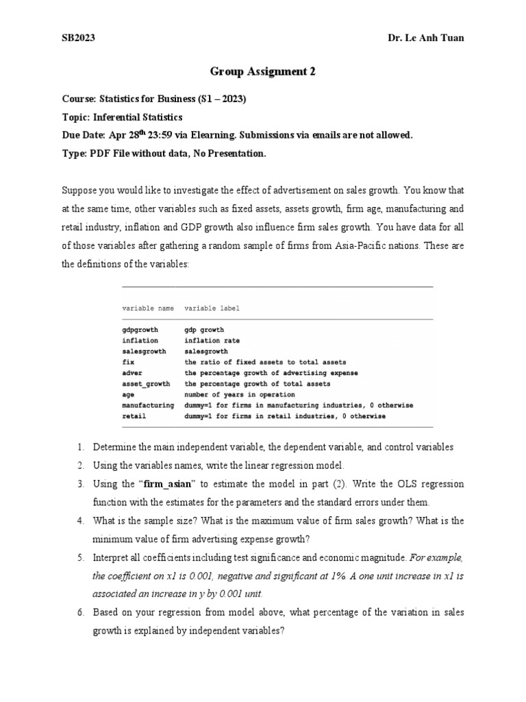 Group Assignment 2: SB2023 Dr. Le Anh Tuan | Download Free PDF | Regression Analysis | Errors ...