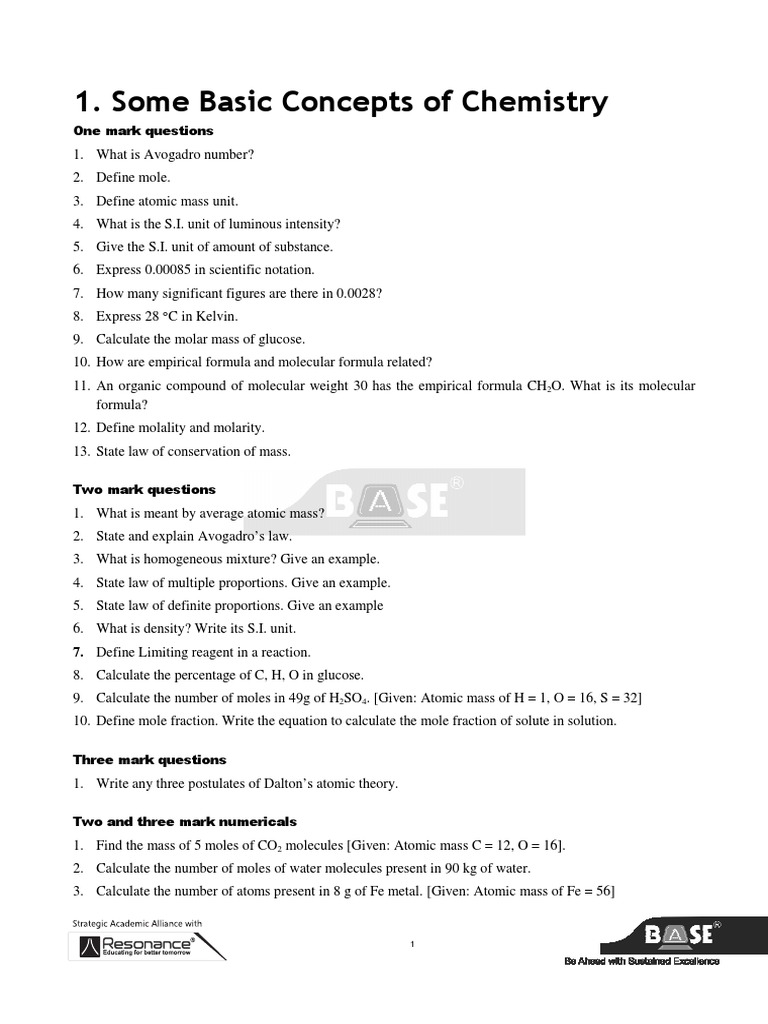 Some Basic Concepts of Chemistry: One Mark Questions | PDF