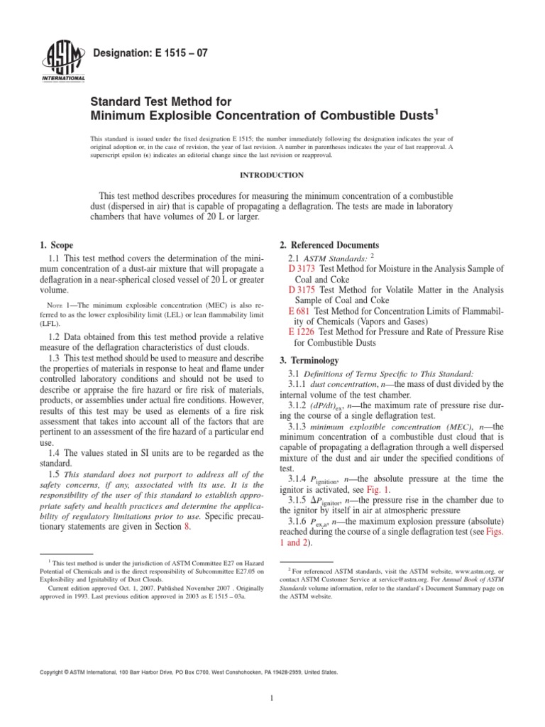 Astm e 1515 07 Standard Test Method For Minimum Explosible C | PDF
