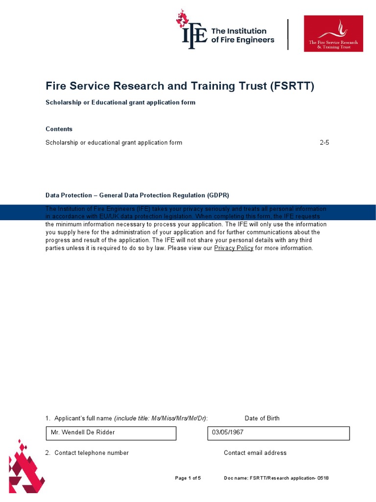 976 Fire Service Research and Training Trust (FSRTT) Application Form | PDF