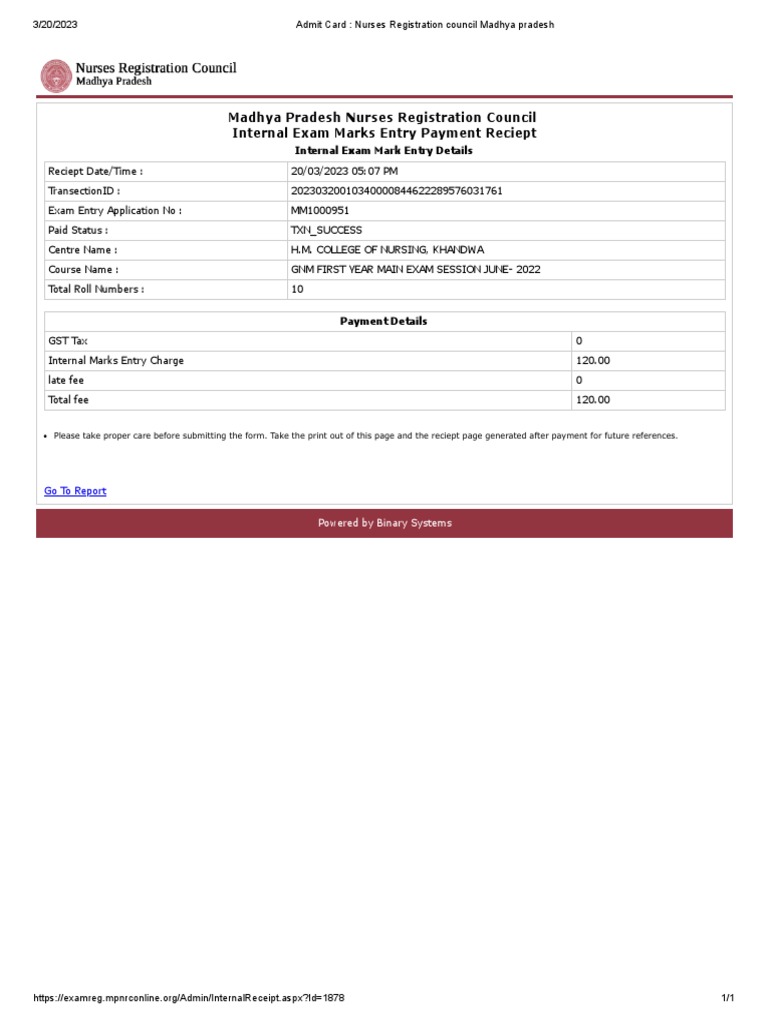 Madhya Pradesh Nurses Registration Council Internal Exam Marks Entry Payment Reciept | PDF