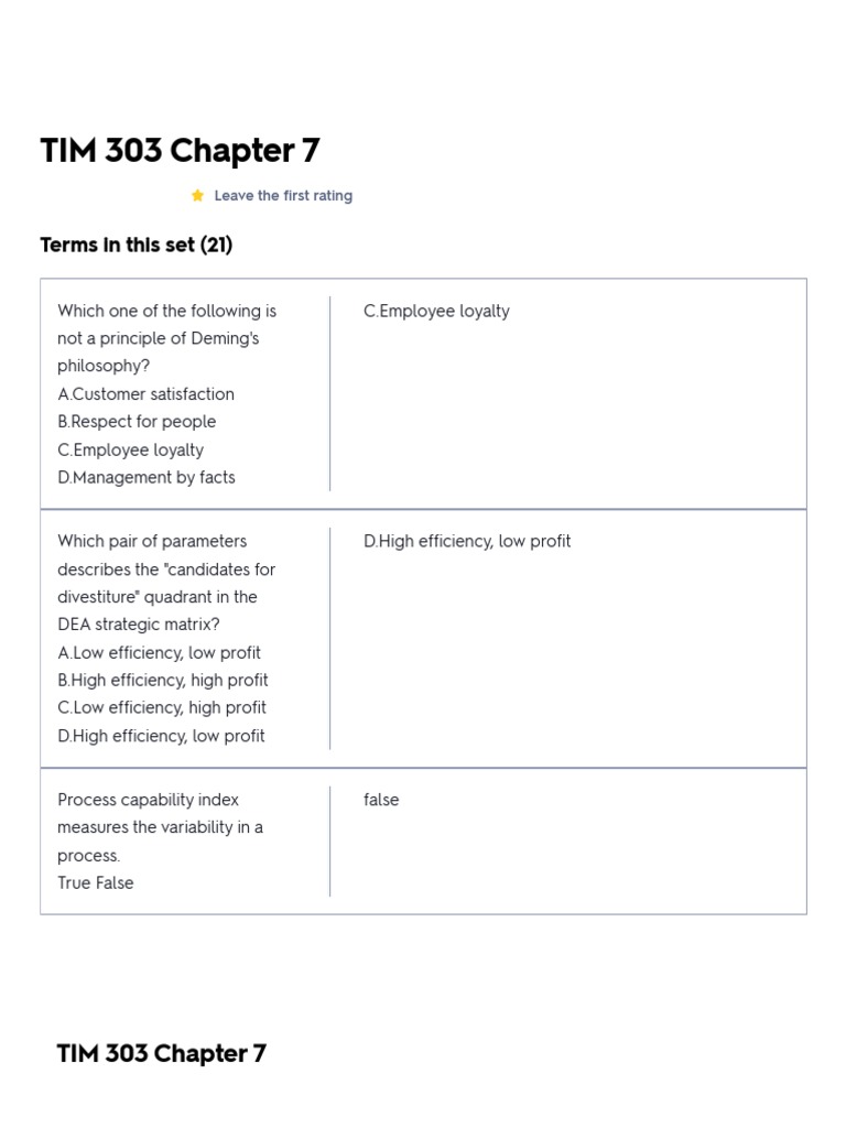 TIM 303 Chapter 7 Flashcards - Quizlet | PDF | Innovation | Six Sigma