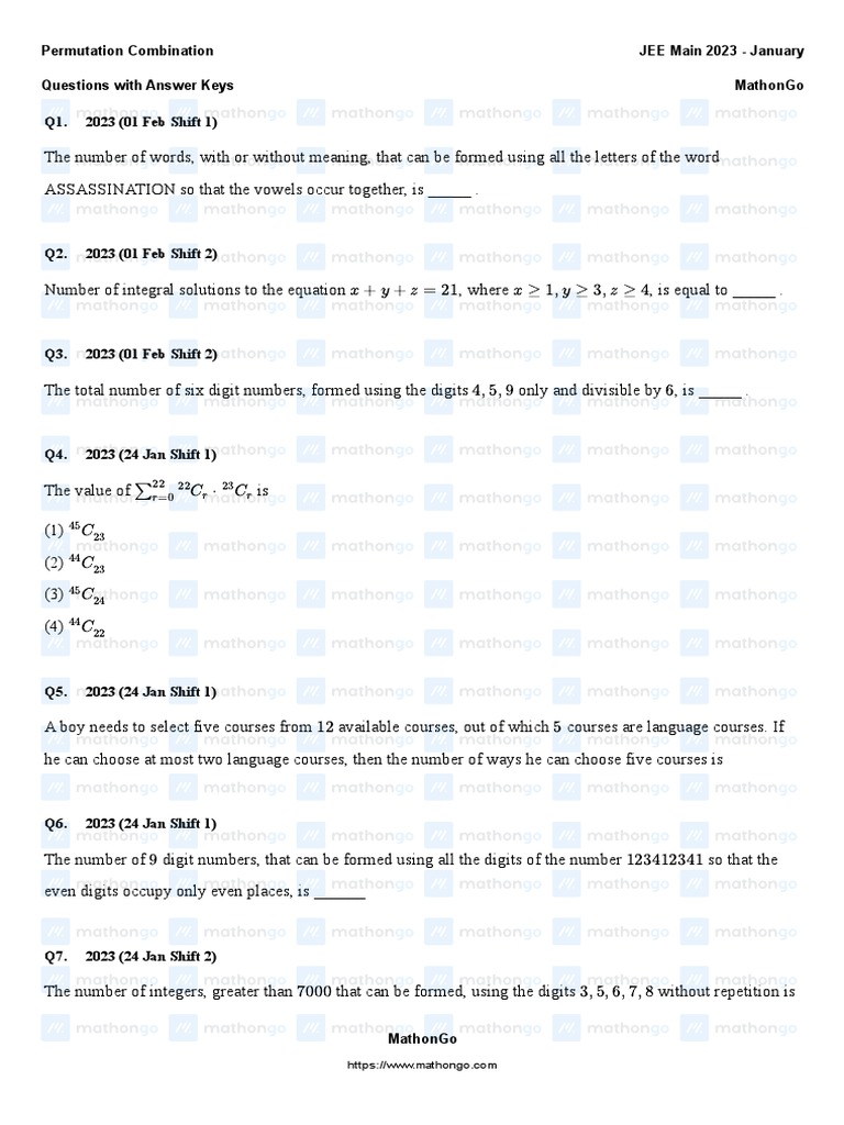 (PDF) JEE Main 2023 January - Permutation Combination | PDF