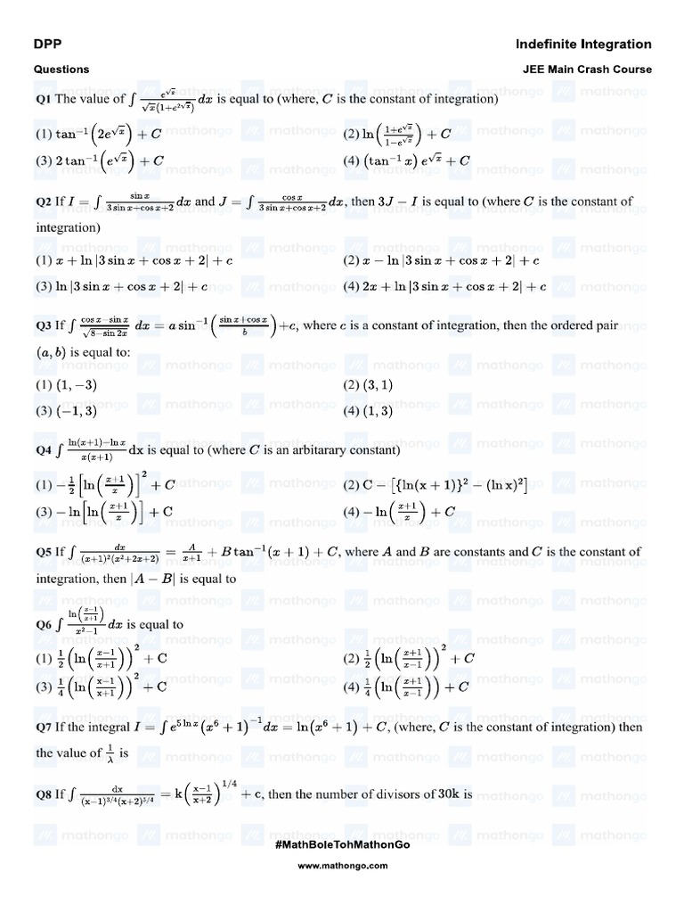 Indefinite Integration Questions Pdf