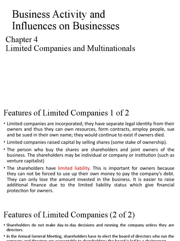 Business Activity and Influences On Businesses: Limited Companies and ...