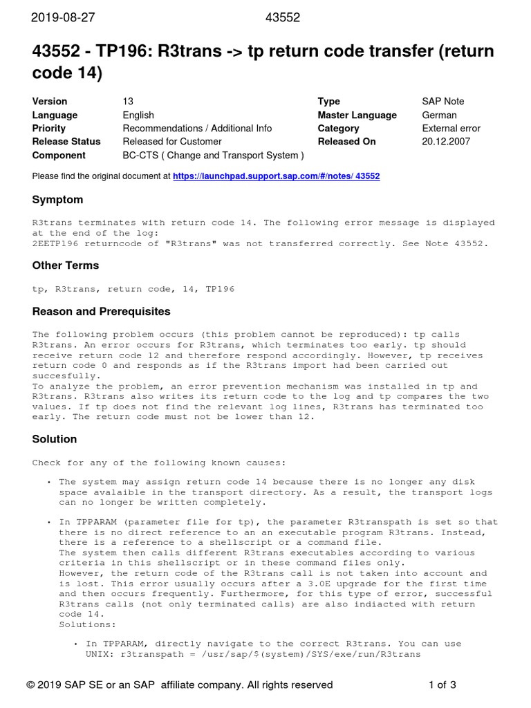 TP196: R3trans - TP Return Code Transfer (Return Code 14) | PDF | Windows Registry | Software ...