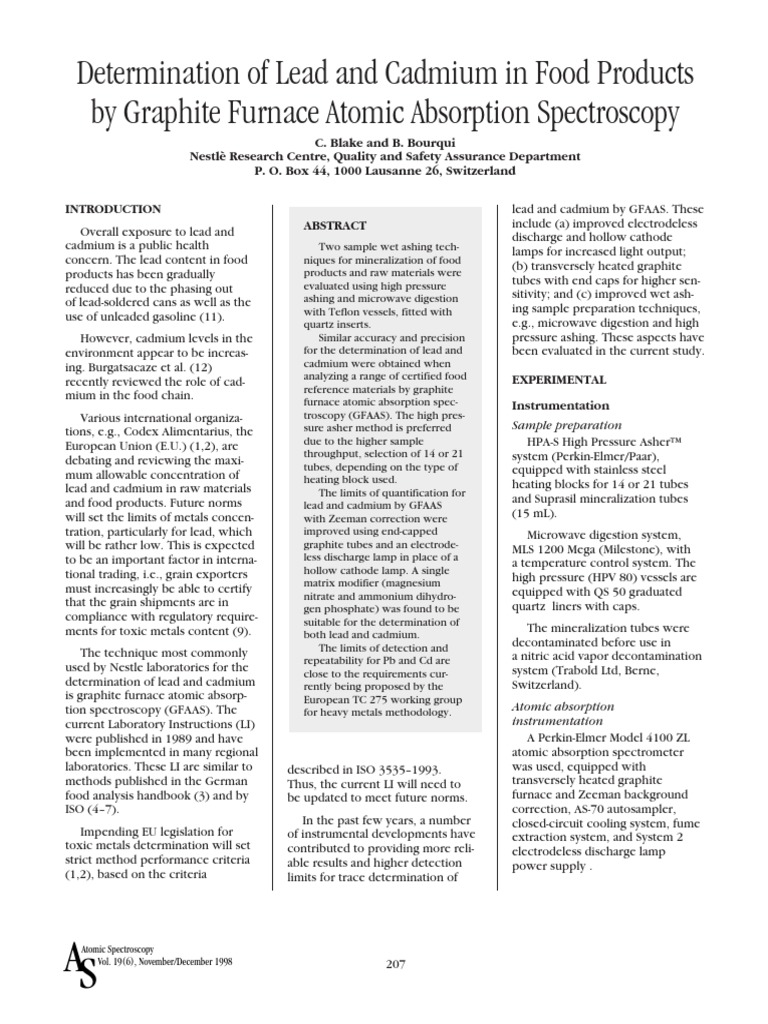 Determination Of Lead And Cadmium In Food Products By Gfaa Pdf Atomic Absorption