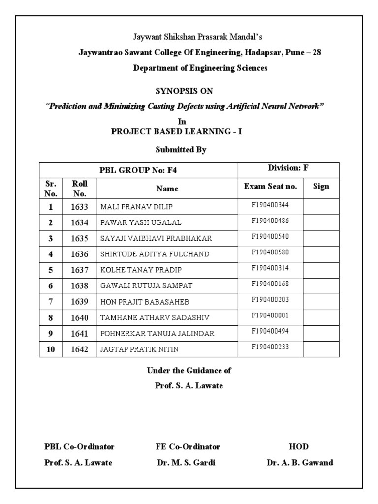 Sample - final Synopsis Report First page | PDF